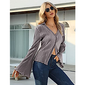 KOJOOIN Women Y2k Tops Deep V Neck Button Down Flare Long Sleeve Crop Tops Plain Casual Shirts Grey Purple