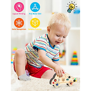 HOOLYUK Busy Board for 3+ Year Old Toddler, Wooden Car Sensory Toy for Autistic Children with LED Light Switches and Toggle Switch, Portable Fidget Toy Great for Travel