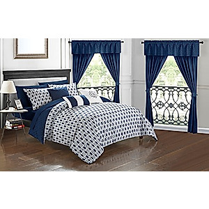 Chic Home Sigal 20 Piece Comforter Set Reversible Geometric Quilted Design Complete Bed in a Bag Bedding – Sheets Decorative Pillows Shams Window Treatments Curtains Included King Navy