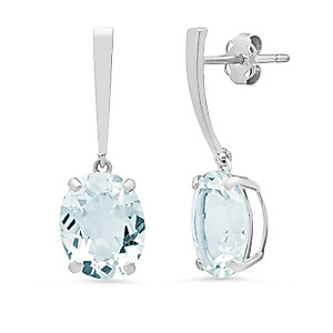 MAX + STONE 14k White Gold Solitaire Oval Cut Aquamarine Drop Dangle Earrings for Women with 10mm x 8mm March Birthstone and Push Back