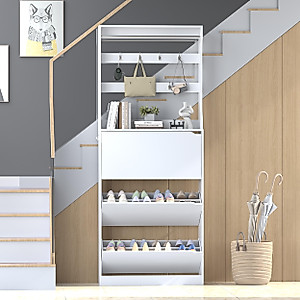 Boonatu Shoe Cabinet Storage for Entryway, Shoe Cabinet Storage with 3 Flip Drawers, Shoe Cabinet for Entryway Slim Space, White Shoe Cabinet Freestanding Wood Tall Shoe Rack for Entryway, Hallway