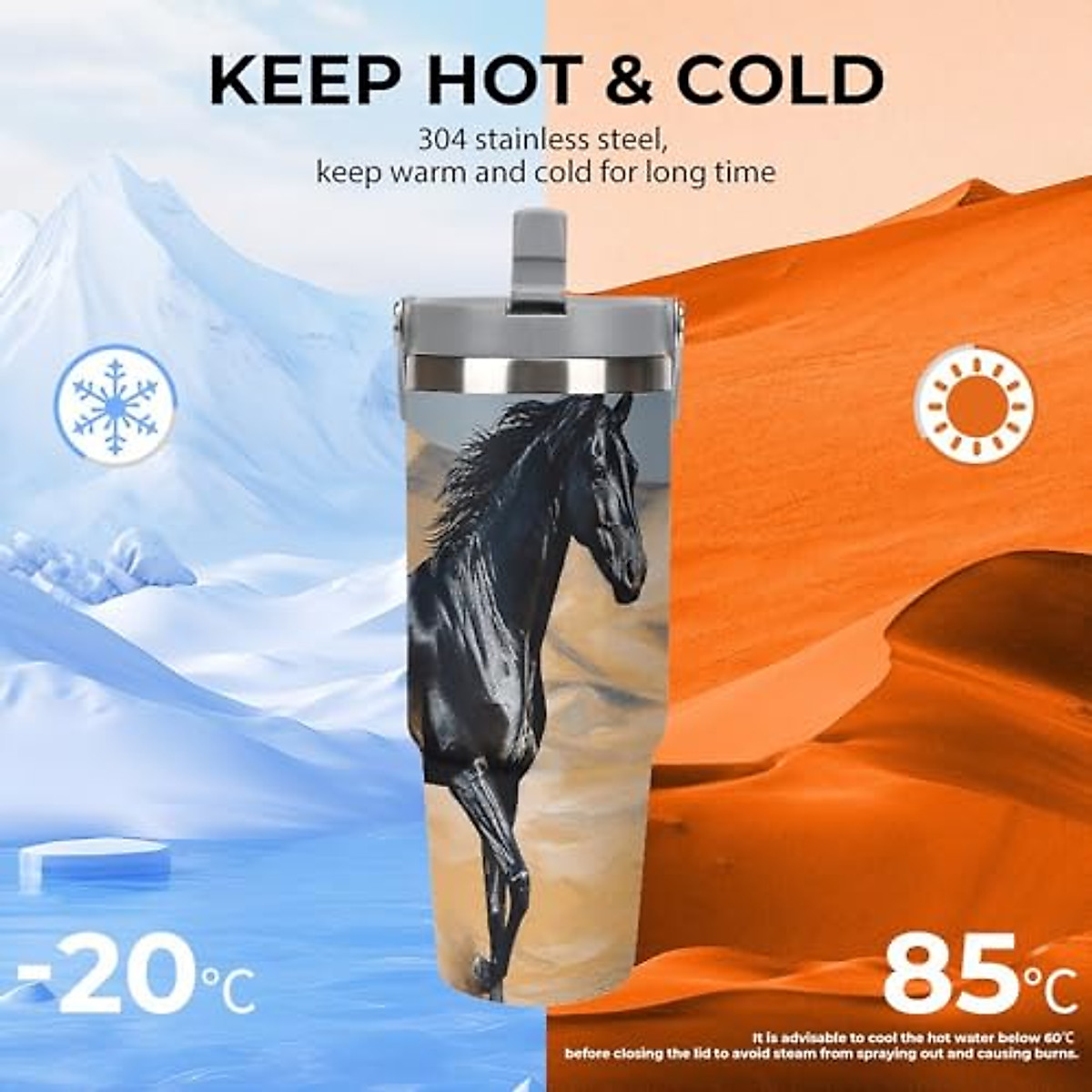 WITHSBKK 30oz Car Cup Black Arabian Horse Printed with Portable, Stainless Steel Travel Mug, Vacuum Insulated Tumbler And Straw, Leakproof for Car & Outdoor, UV Printed Design
