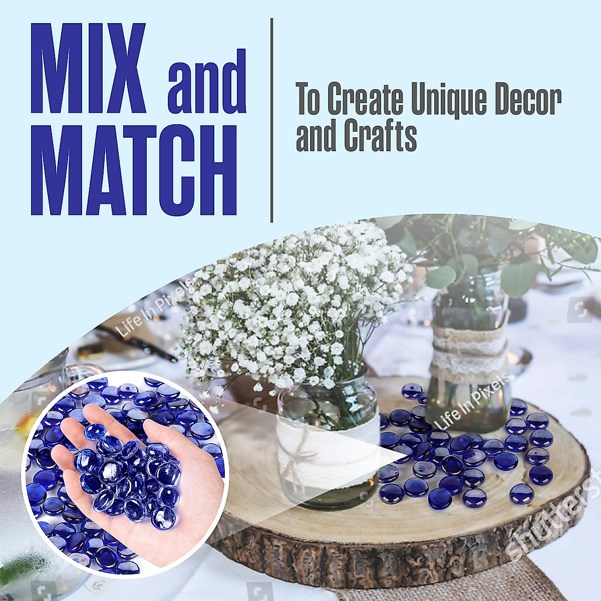 Houseables Glass Stone, Marbles, Pebbles for Vases, Blue, 5 LB, 400-500 Stones, Flat Bottom, Round Top Rocks, Bowl Filler Gems, Iridescent Decor, Decorative Centerpieces, Fire Beads, Florist, Aquarium