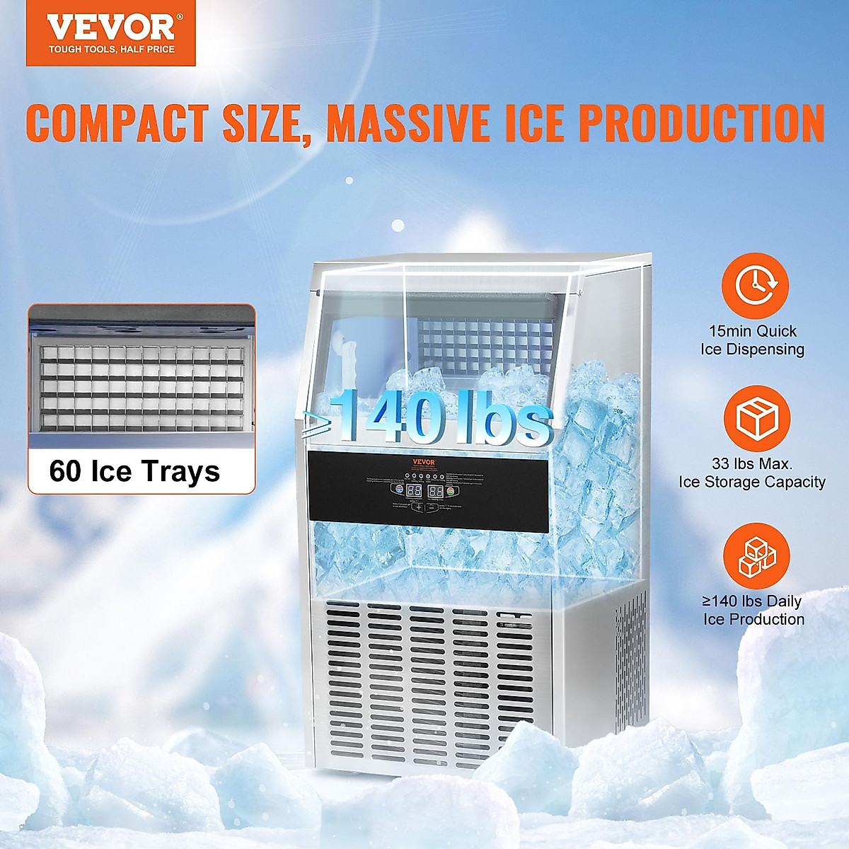 VEVOR Commercial Ice Maker Machine, 140lbs/24H Ice Maker Machine with 33lbs Storage Capacity, 60 Ice Cubes in 12-15 Minutes, LED Digital Display Commercial Ice Maker for Bar Home Office Restaurant