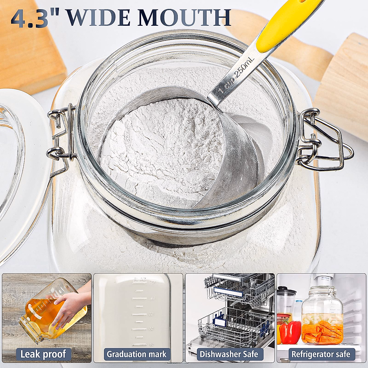 Folinstall 1 Gallon Square Super Wide-Mouth Glass Jars with Airtight Lids, Glass Storage Jars with 2 Measurement Mark, Sturdy Canning Jars with Large Capacity 4100 ML For Overnight Oats