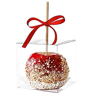 JOERSH 4x4x4 Inches Candy Apple Boxes with Hole and Paper Doilies Base 30 SETS Clear Caramel Apples Boxes for Treats | Food in Safe PET Plastic Box Fits Standard and Large Apple