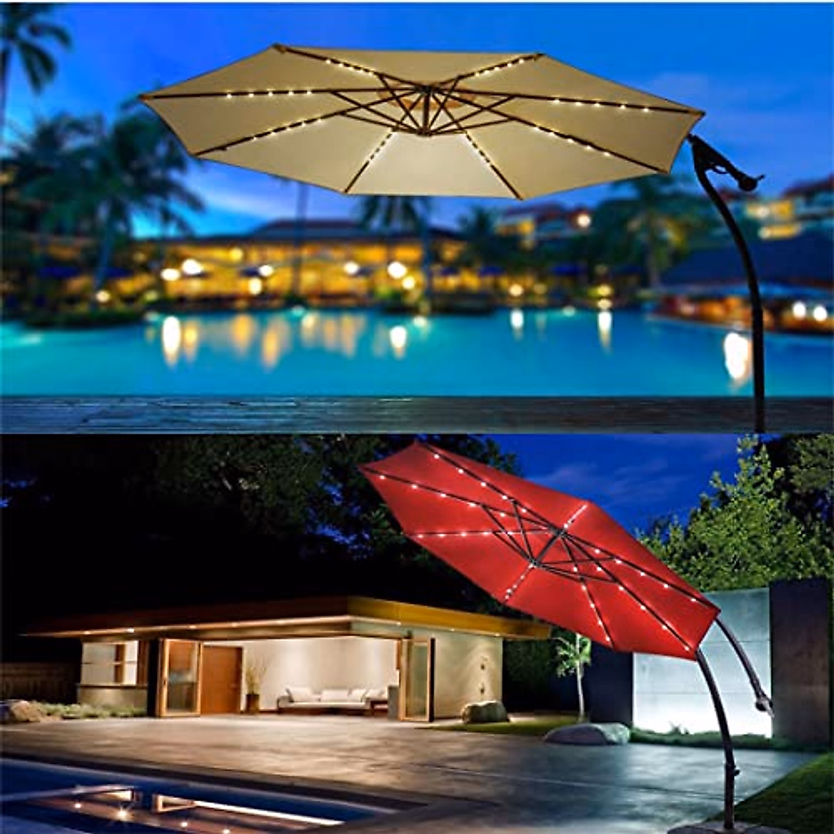 ZJDU Solar Patio Umbrellas,Solar LED Offset Patio Umbrella,Led Lighted Outdoor Table Market Umbrella, with Push Button Tilt/Crank,8 Ribs, for Garden, Lawn, Deck, Backyard & Pool,Brown,2.7m