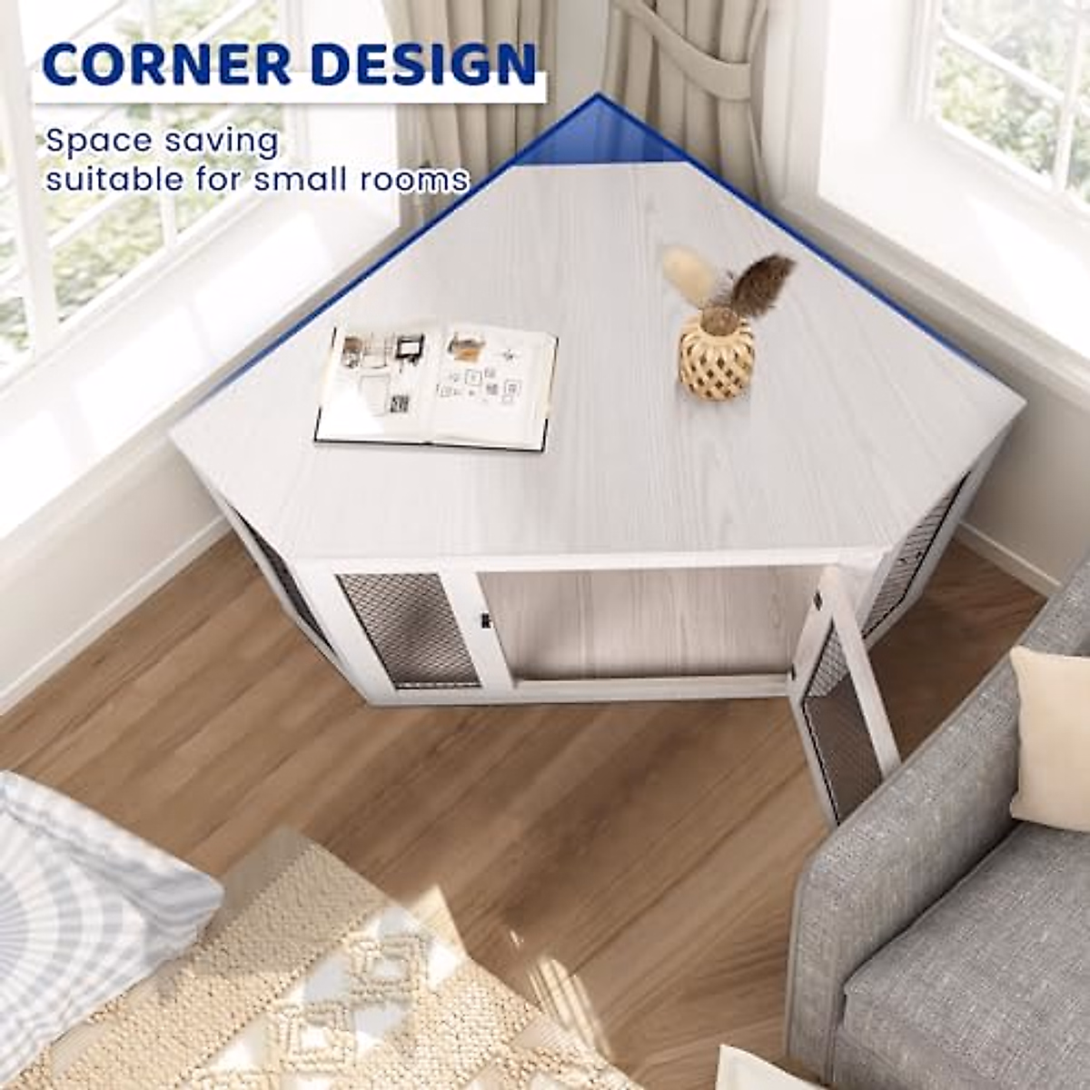 VITESSE Corner Dog Crate 44/52inch, Wooden Dog Crate Furniture for Medium Dogs, Durable Dog Kennel Indoor End Table, Decorative Puppy Kennel with Sturdy Mesh, Heavy-Duty Pet House with Portable Switch