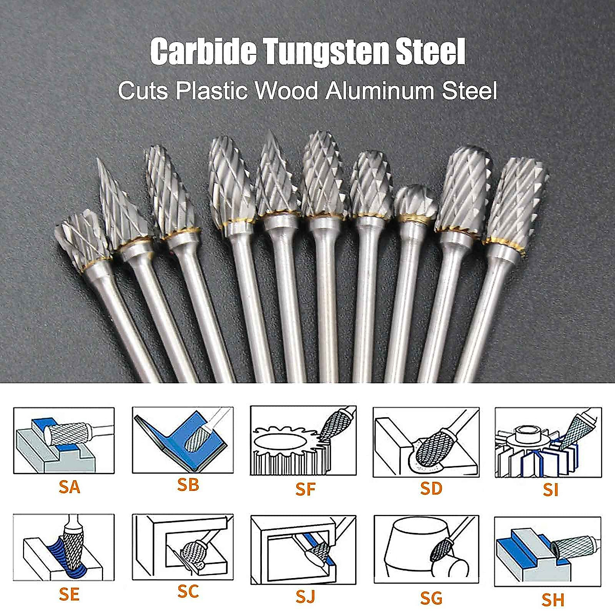 Handook Tungsten Carbide Double Cut Burr Set, with 1/8" Shank 1/4" Grinding Head Length Tungsten Steel for Grinder, DIY Wood-Working Carving, Soft Metal Polishing, Engraving, Drilling(10pcs)