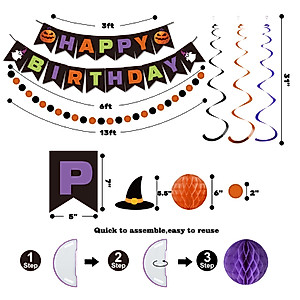meowtastic Halloween Birthday Decorations - Happy Birthday Banner with Honeycomb Ball, Halloween Hanging Swirl Streamer, Circle Dot Garland Decorations - Halloween theme Birthday Party Decoration