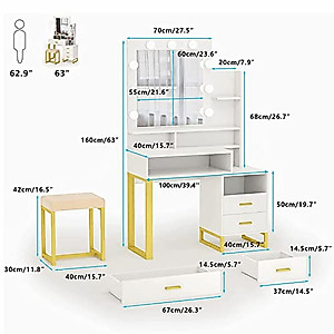 PAKASEPT Vanity Set with Lighted Mirror, Makeup Vanity Dressing Table with LED Light, Drawers, Storage Shelves and Cushioned Stool, Small Vanity Desk for Bedroomy,39.4"L x 15.7"W x 63"H