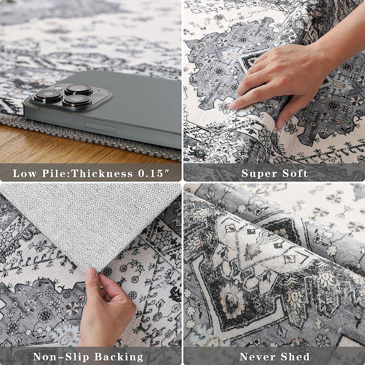 Noahas Grey 6x9 Area Rugs for Living Room, Vintage Machine Washable Rug,Low Pile Print Large Living Room Rug