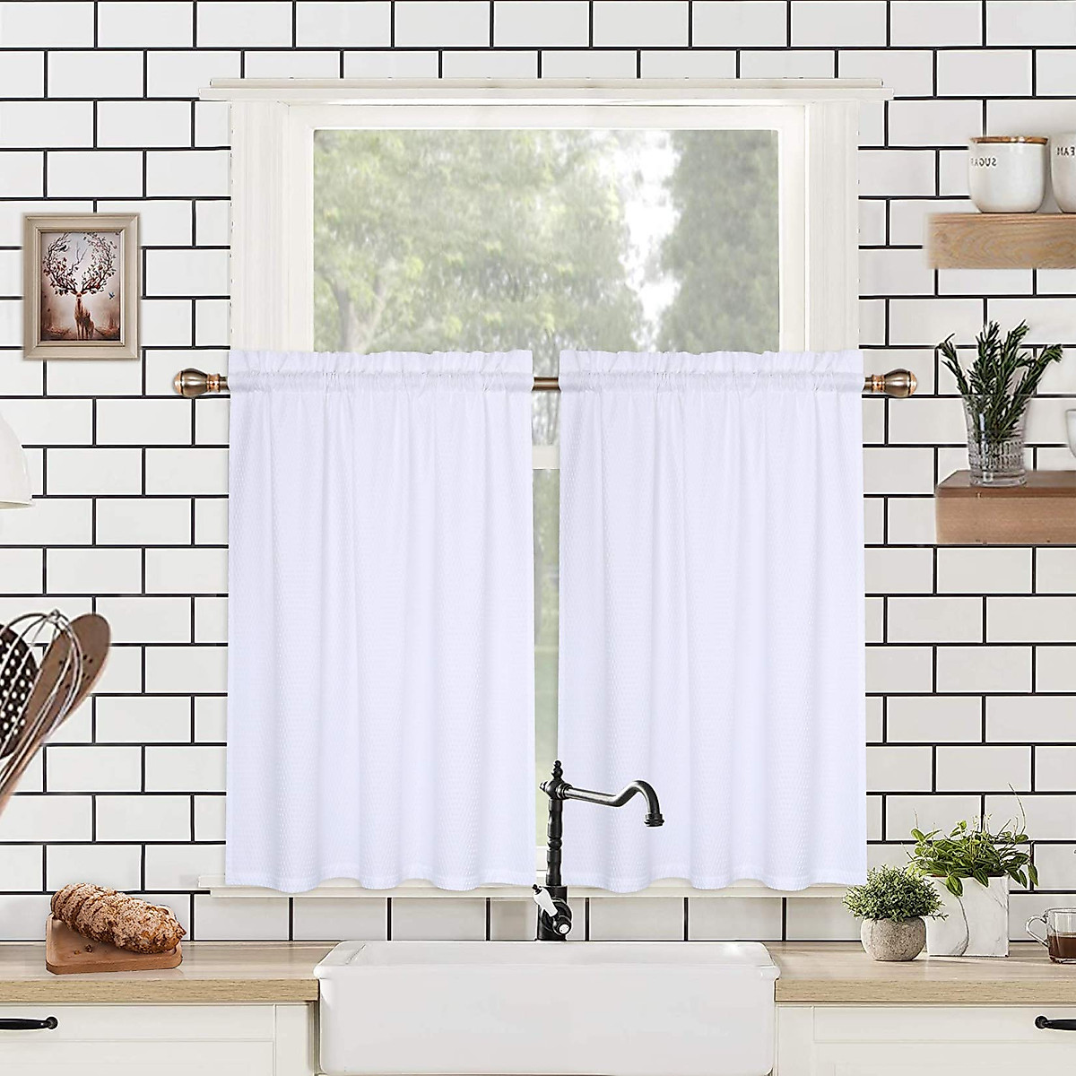 CAROMIO Tier Curtains 36 Inch Length, Embossed Textured Soft Microfiber Rod Pocket Short Cafe Kitchen Curtains Bathroom Window Curtains, White, 30" Wx36 Lx2