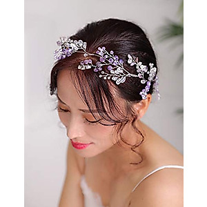 Denifery Purple Bridal Wedding Hair Vine Purple Natural Stone Hair Vine Crystal Headpieces Bride Hair Accessories for Women and Girls