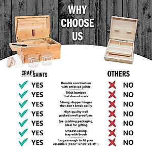 CraftSaints Bamboo Storage Box with Rolling Tray, Large Wooden Container Brush & 3 Airtight Jars, Improved Design with Increased Durability. Complete Kit for Herbs & Accessories