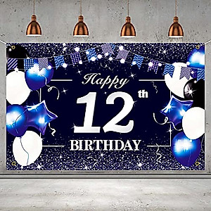 P.G Collin Happy 12th Birthday Banner Backdrop Sign Background 12 Birthday Party Decorations Supplies for Boys Kids 6 x 4ft Blue Purple Blue White 12