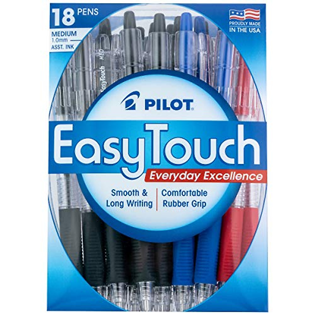 PILOT EasyTouch Refillable & Retractable Ballpoint Pens, Medium Point, Black, Red, Blue Inks, 18-Pack (35555)