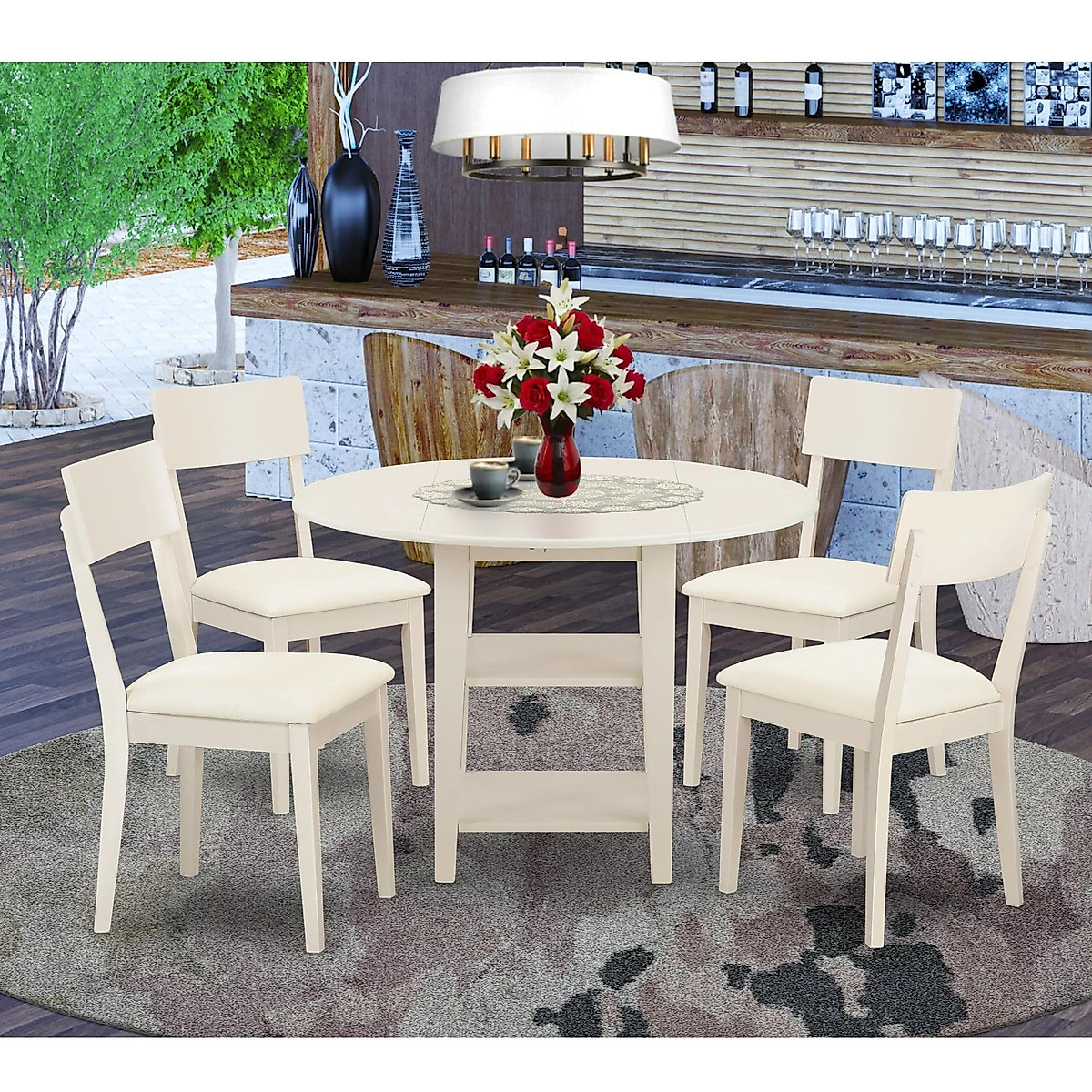 East West Furniture SUAD5-LWH-LC 5 Piece Dining Room Furniture Set Includes a Round Kitchen Table with Dropleaf & Shelves and 4 Faux Leather Upholstered Chairs, 42x42 Inch, Linen White