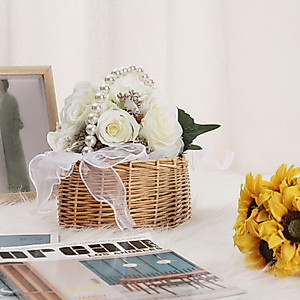 Flower Girl Basket Wicker Rattan Flower Girl Basket Wedding Flower Girl Basket with Pearl Handle and Bows Fairy Flower Basket Rattan Basket for Weddings Bridal Anniversary Party Decor(Brown)