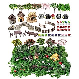 Canlierr 58 Pieces Miniature Fairy Garden Accessories Outdoor DIY Micro Landscape Ornaments Include Mixed Model Trees, Faux Green Moss, Mini House Animal Yard Figurines for Dollhouse Craft
