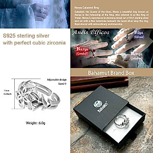 bahamut Elven Queen Galadriel Nenya 925 Sterling Silver Flower Wedding Band Ring for Women Adjustable Open Rings Valentines Jewelry Gift (light silver, Adjustable)