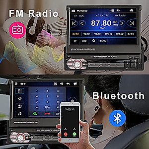 UNITOPSCI Single Din Car Stereo Car Radio with 7" Auto Retractable HD Touch Screen Car MP5 Player with Bluetooth FM Radio Mirror Link Head Unit Support TF USB AUX in Remote Control Backup Camera SWC