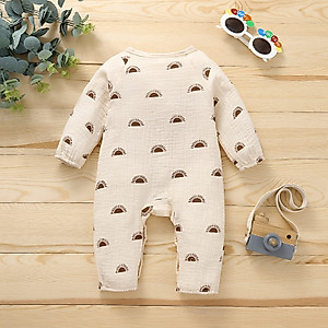 Kupretty Newborn Infant Baby Boy Cotton Linen Button Sun Print Romper Bodysuit One Piece Jumpsuit Playsuits Fall Outfits (Linen Beige, 0-3 Months)