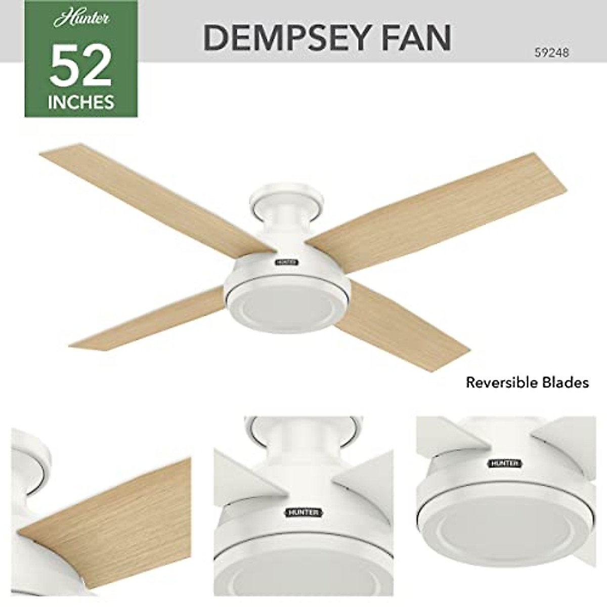 Hunter Fan Company 59248 Dempsey Indoor Low Profile Ceiling Fan with Remote Control, 52", Fresh White Finish