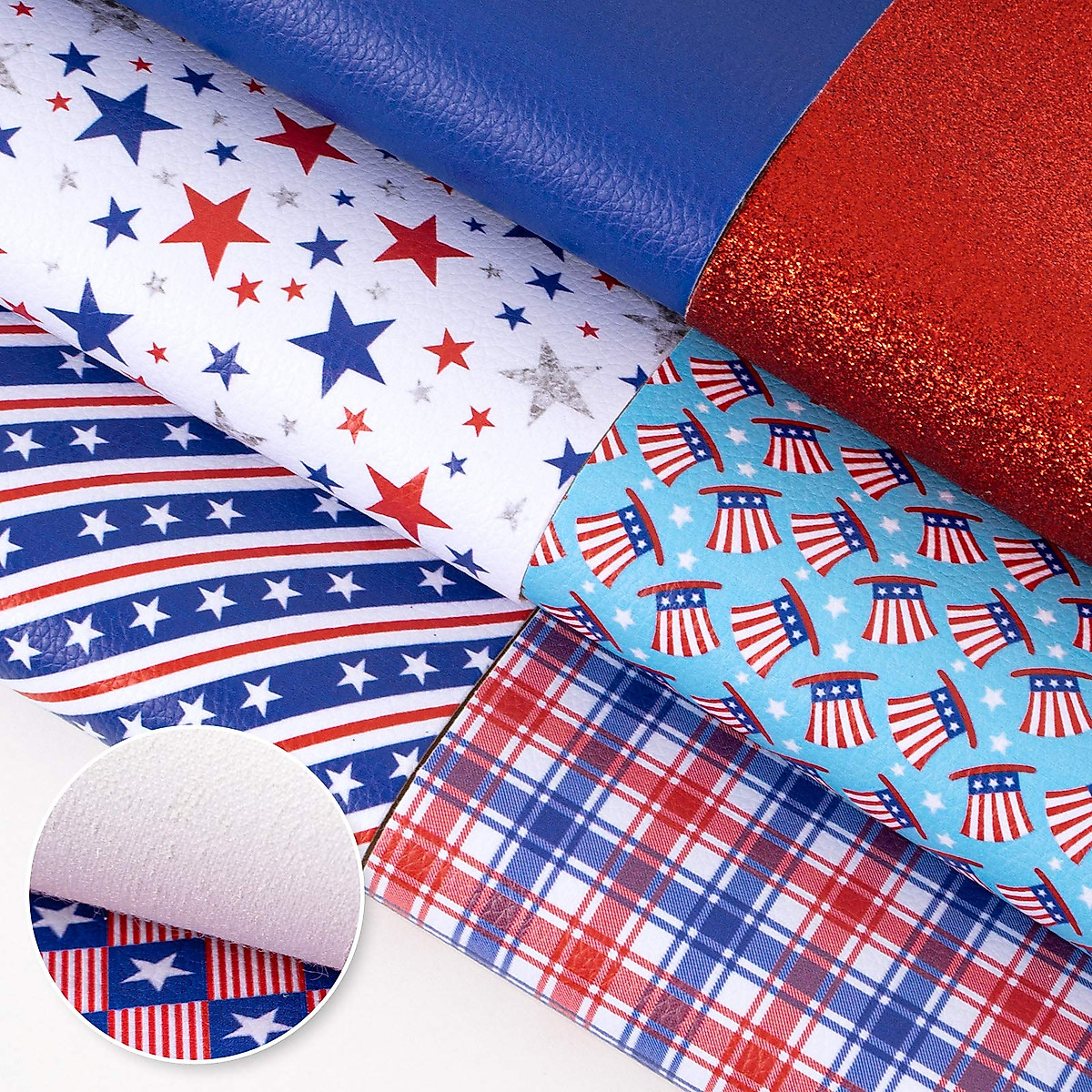 Whaline 4th of July Faux Leather Sheets 8 x 12 Inch Patriotic Synthetic Leather Fabric Glitter Red Blue Stars Stripes National Flag Faux Leather for Independence Day DIY Craft Earring Hair Bow, 12Pcs