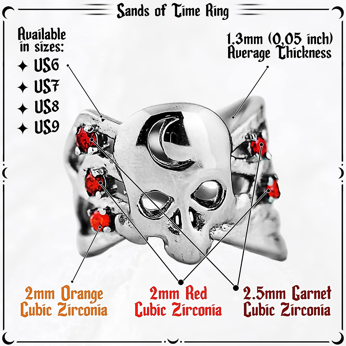 ‘Sands of Time’ Ring by Rogue+Wolf Gothic Y2K Jewelry Emo Goth Accessories, Cool Alt Knuckle Chunky Ring Aesthetics, garnet-colour, red and orange cubic zirconia