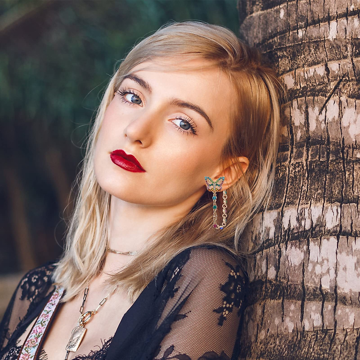 Colorful Butterfly Dangle Chain Earrings for Women Gold Crystal Rhinestone Tassel Climber Crawler Threader Chain Dangle Statement Earrings Drop Cartilage Double Holes Spring Summer Jewelry Gifts