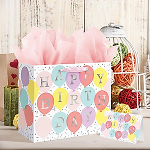 13" Large Happy Birthday Gift Bag with Tissue Paper and Card for Girls Kids Women Birthday (Colourful Balloon)