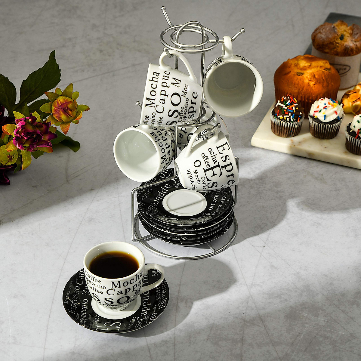 Gibson Home Expressions Espresso Saucer Set, 13PC Cups Stand, White/Black