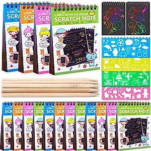 16 Pack Drawing Notebook Set, Scratch Art Paper Rainbow Mini Notes, Sketch Drawing Pad for Kids Party Favors（with 16 Wooden Stylus & 4 Drawing Stencils）