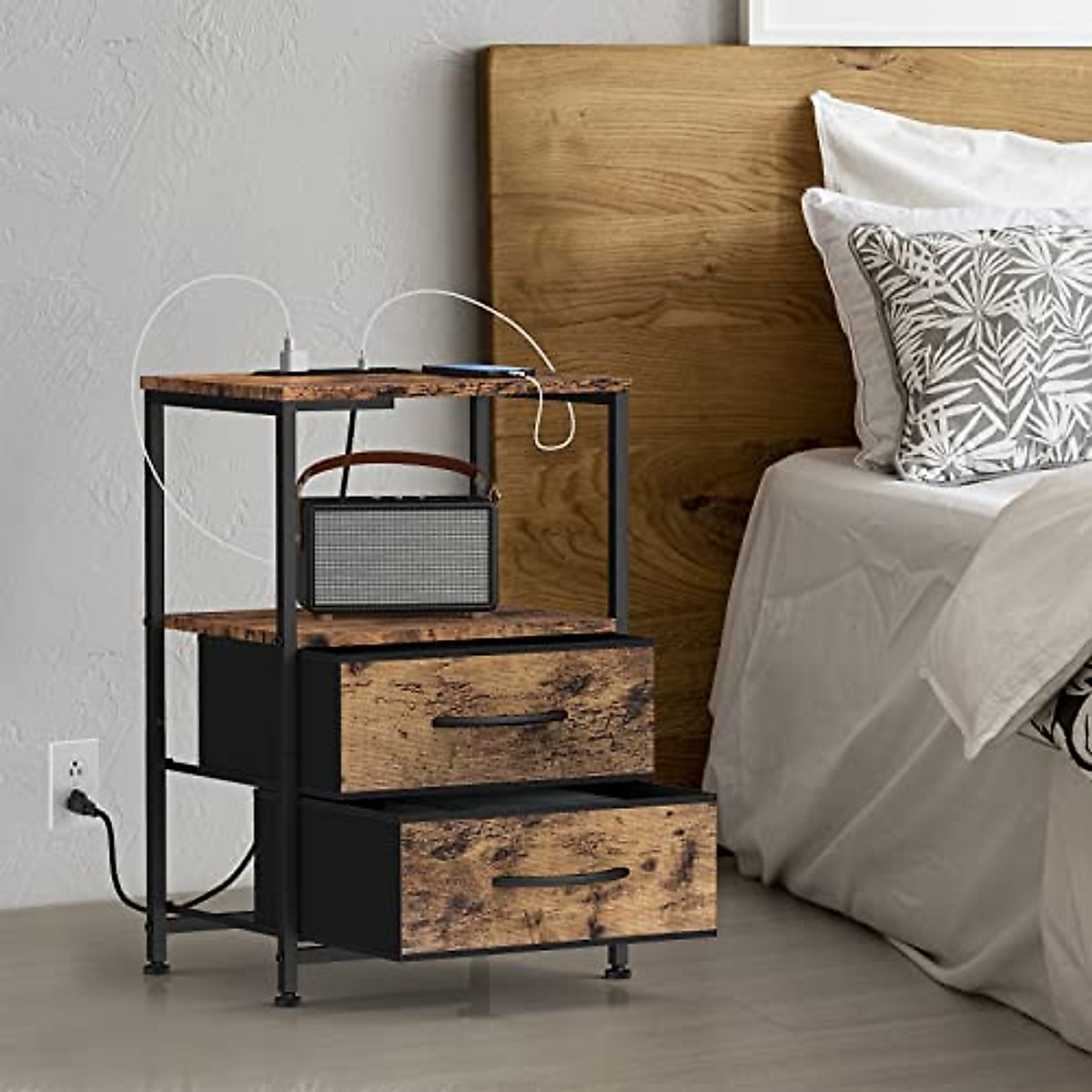 YBING Nightstand with Charging Station End Table with USB Ports and Outlets Bedside Table with Open Shelf Side Table with Fabric Drawers Industrial Night Stand for Bedroom Living Room (Brown)