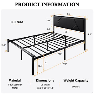 SHA CERLIN Modern Full Size Metal Bed Frame with Litchi Grain Leather Upholstered Headboard, No Box Spring Needed, 12.4" Underbed Storage, Black