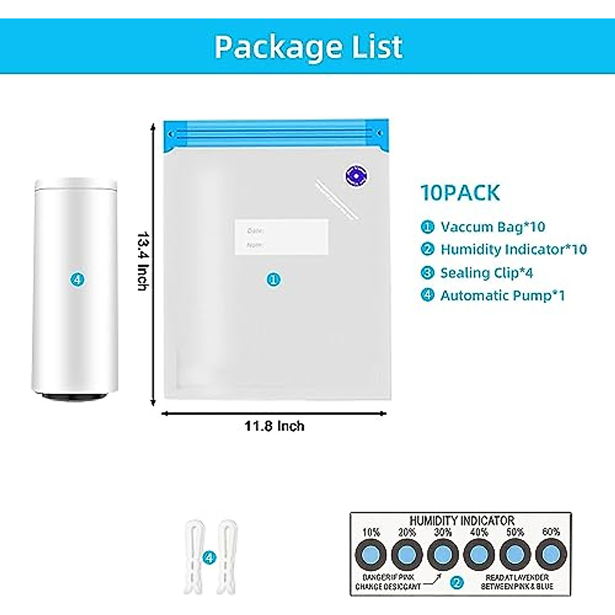 Domsanistor 3D Printer Filament Storage Bags Vacuum Kit,10Pcs Filament Vacuum Bags with Automatic Pump/Humidity Indicator Cards/Clips, Filament Bags Storage Spool Sealing for Keeping Filament Dry