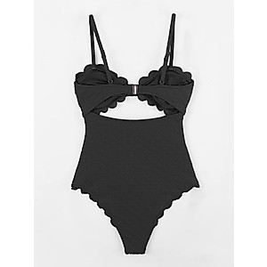 CUPSHE Women's One Piece Swimsuit Sexy Black Cutout Scallop Trim Bathing Suit, L