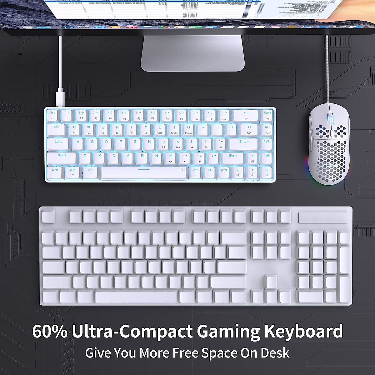 DIERYA T68SE Mechanical Gaming Keyboard, LED-Backlit Wired Keyboard, Ultra-Compact Mini 68-Key White Keyboard with Brown Switches, Anti-Ghosting Keys, for Windows Laptops and PC Gamers