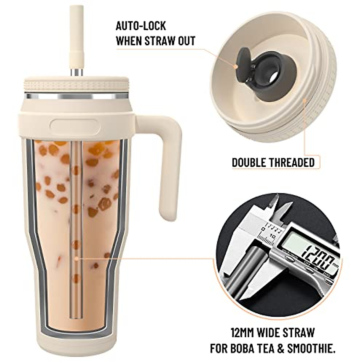 Zukro 50 oz Mug Tumbler with Handle and Screw on Lid, Vacuum Insulated Stainless Steel Tumbler with Straw Lid, Leakproof Straw Cup, Keeps Drinks Cold 30 Hours, Fit in Cup Holder - Beige