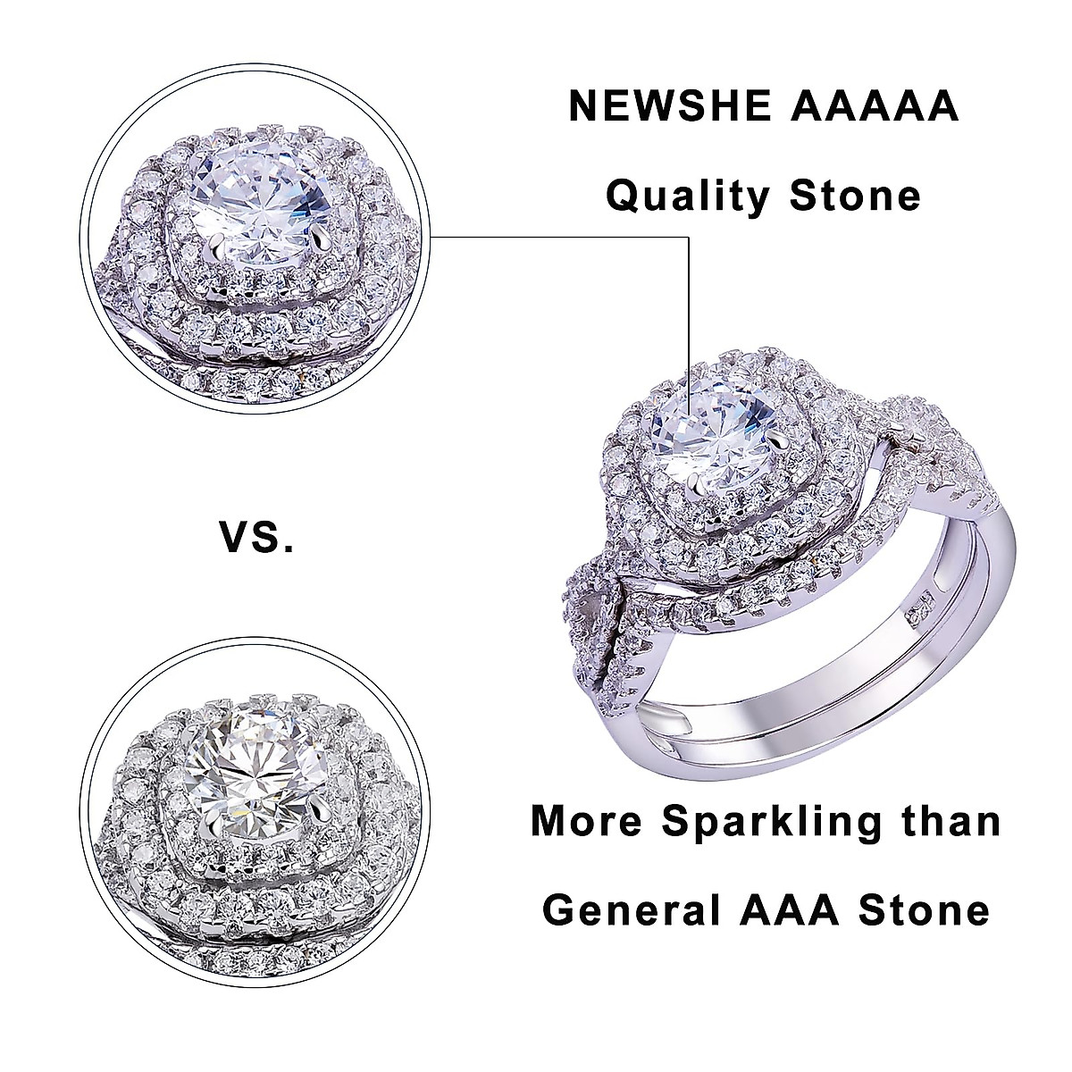 Newshe Wedding Band Engagement Ring Set for Women 925 Sterling Silver 1.8Ct Round White AAAAA Cz Size 7