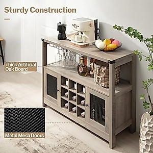 SICOTAS Coffee Bar Cabinet with Storage - Farmhouse Sideboard Buffet Cabinet Wine Cabinet with Wine Rack, Boho Liquor Cabinet for Home, Kitchen Cabinet with Mesh Doors for Dining Room, Oak