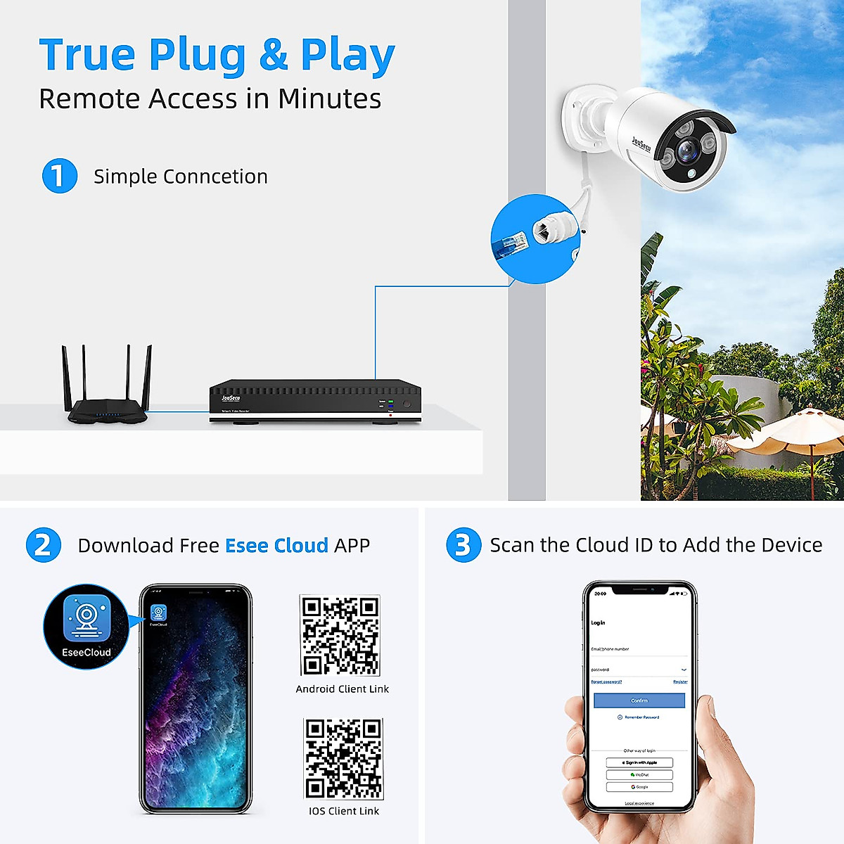 JouSecu Wired Security Camera System 4pcs 5MP Wired HD Outdoor POE IP Cameras, 3K 8CH NVR with 1TB HDD, True Plug & Play Home CCTV for Night Vision 24/7 Recording