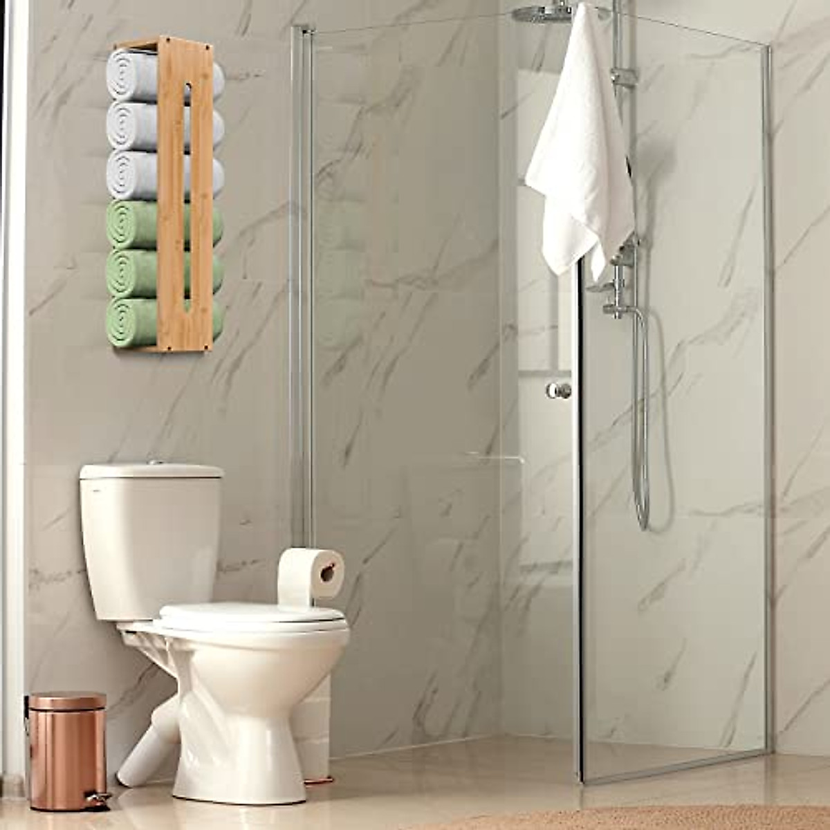 Purbambo Rolled Towel Rack Wall Mounted, Bathroom Bamboo Towel Holder Shelf, Rolled Bath Towels Storage Organizer