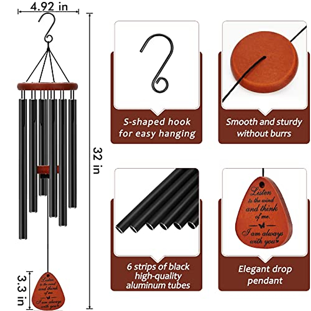 BainGesk Wind Chimes, 32" Wooden Sympathy Wind Chimes, Memorial Wind Chimes for Loss of a Loved One Prime, Bereavement, Memorial, Sympathy Gift Decor Outdoor, Patio, Porch, Garden, and Backyard.