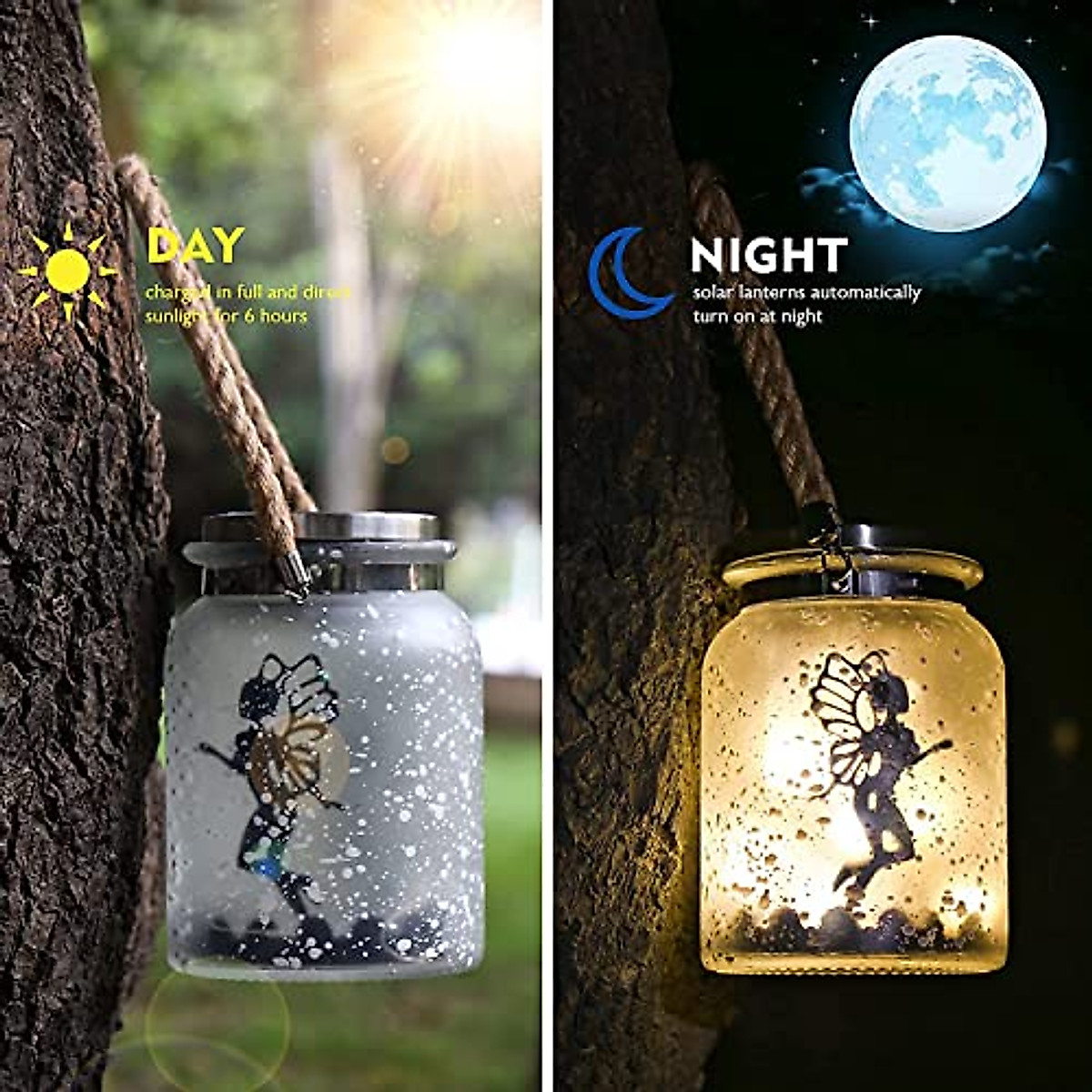 Kaixoxin Solar Lantern Lights Ideal for Great Gifts White Frosted Glass Hanging Jar Solar Lights Outdoor Decorative 20 Warm White Mini LED String Lights (Fairy) (1, Fairy)