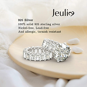 Jeulia Cushion Cut Three Sided Pave Sterling Silver Eternity Ring Cubic Zirconia Art Deco Halo Wedding Engagement Anniversary Rings Set (silver, 7)