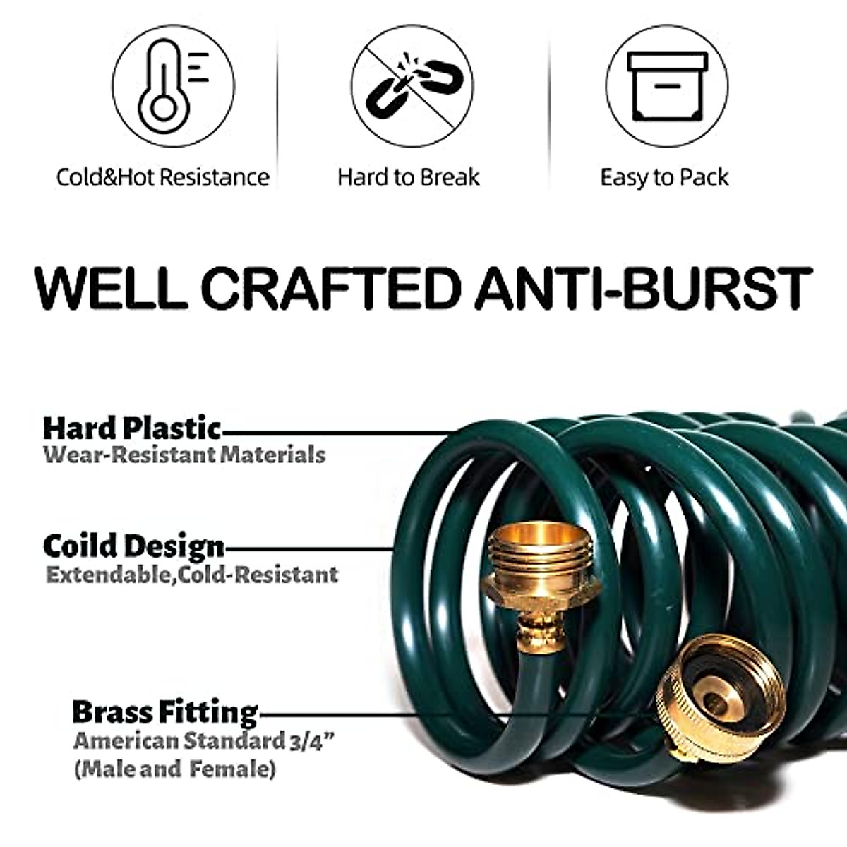 FUNJEE Heavy-Duty EVA Coil 10 ft Garden Hose with 3/4" GHT Solid Brass Fittings, Water Hose with Brass Connectors (10FT, Green)