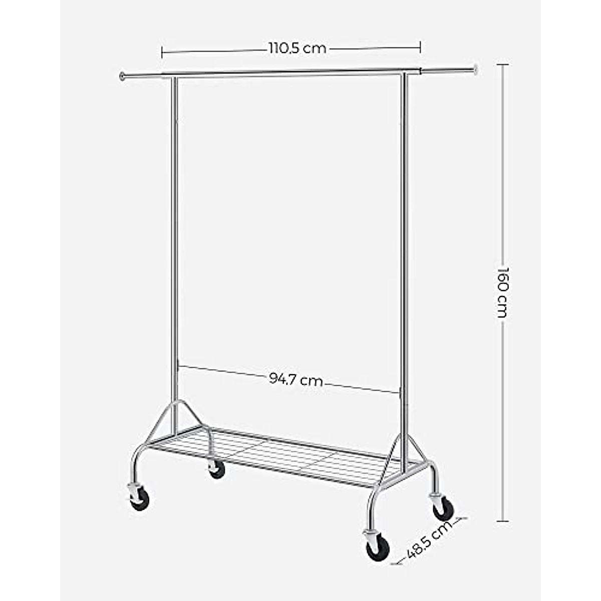 SONGMICS Heavy Duty Metal Clothes Rail with Shoes Shelf, Maximum Load of 50 kg, one Rod, Silver