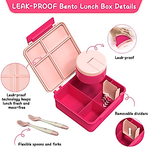 LOHASOK Bento Lunch Box with 8oz Soup Thermo, Leak-Proof Lunch Containers with 4 Compartment, Thermo Hot Food Jar and Insulated Lunch Bag for School Pink